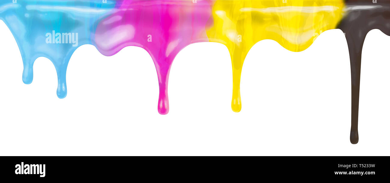 CMYK printer color paint dripping isolated on white Stock Photo - Alamy