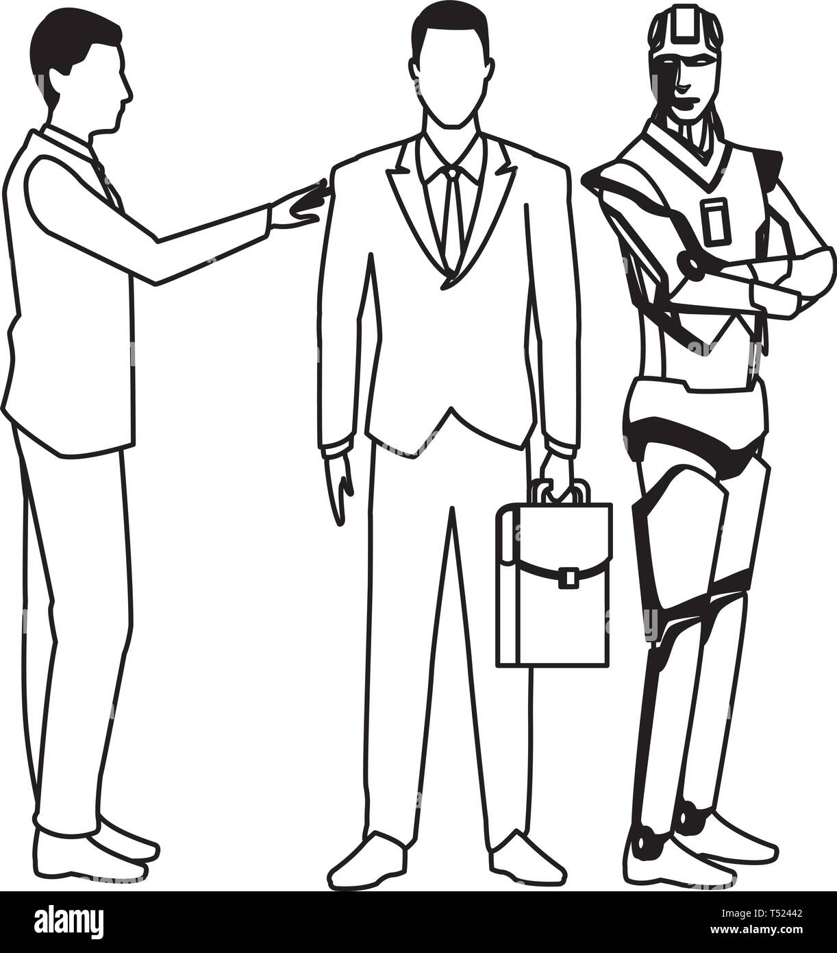 businessmen with humanoid robot black and white Stock Vector Image ...