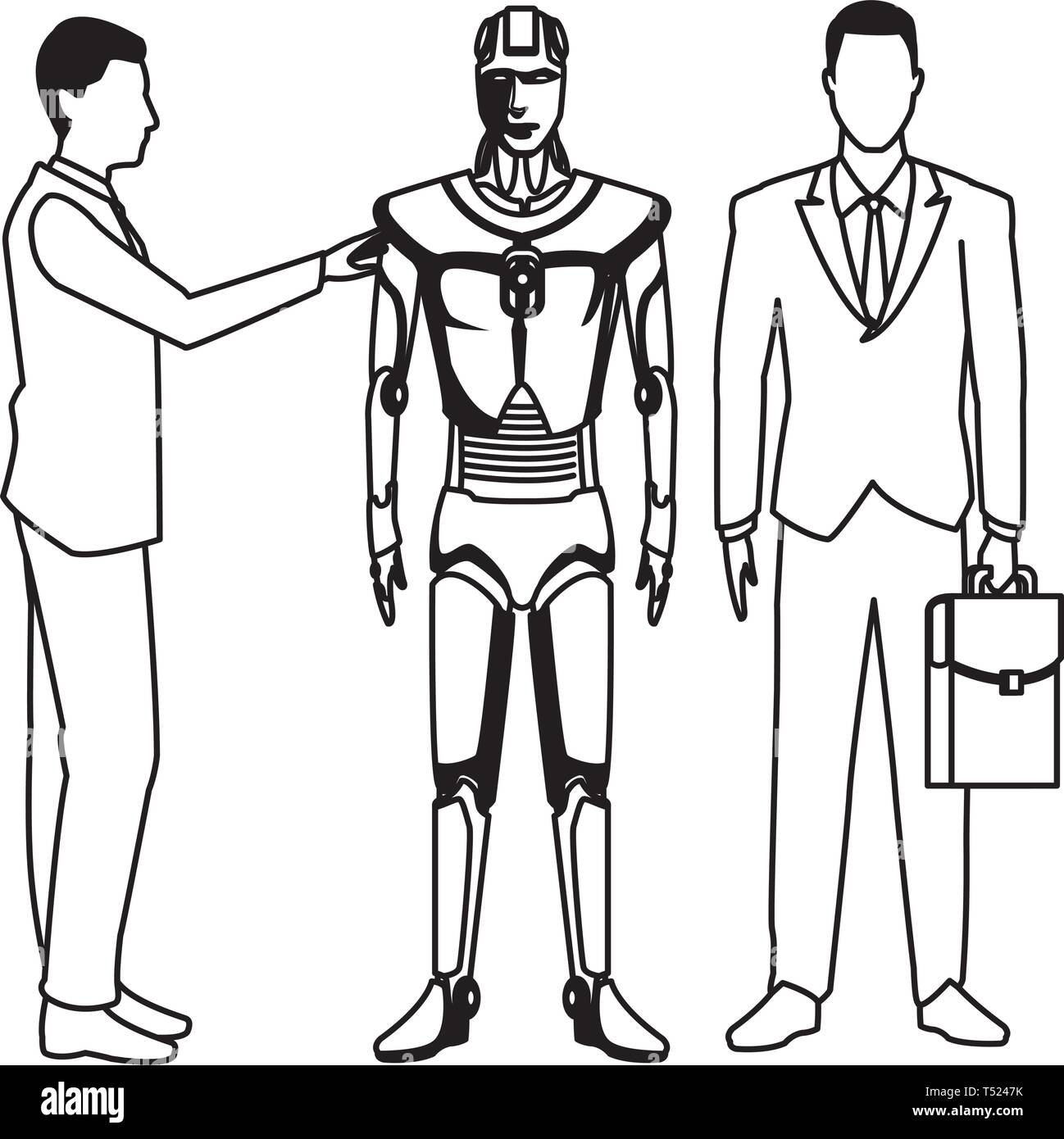 businessmen with humanoid robot black and white Stock Vector Image ...