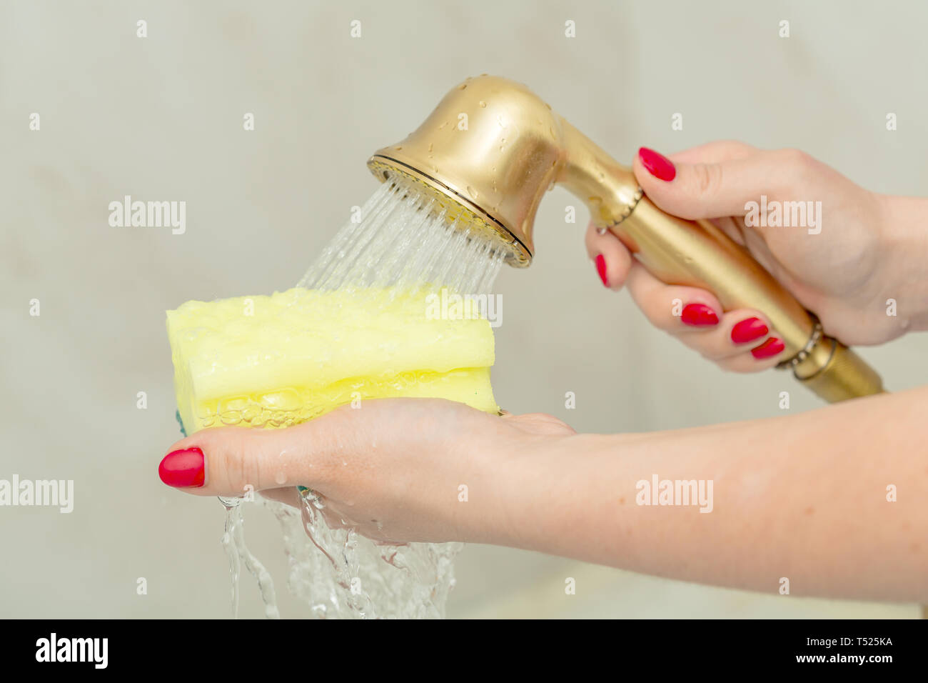 Yellow sponge in a female hand under a shower head in vintage style ...
