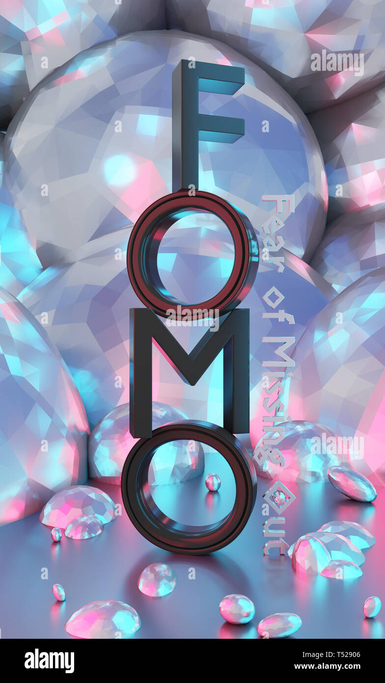 Fomo word as 3D text or logo concept placed with white octagon wall in ...