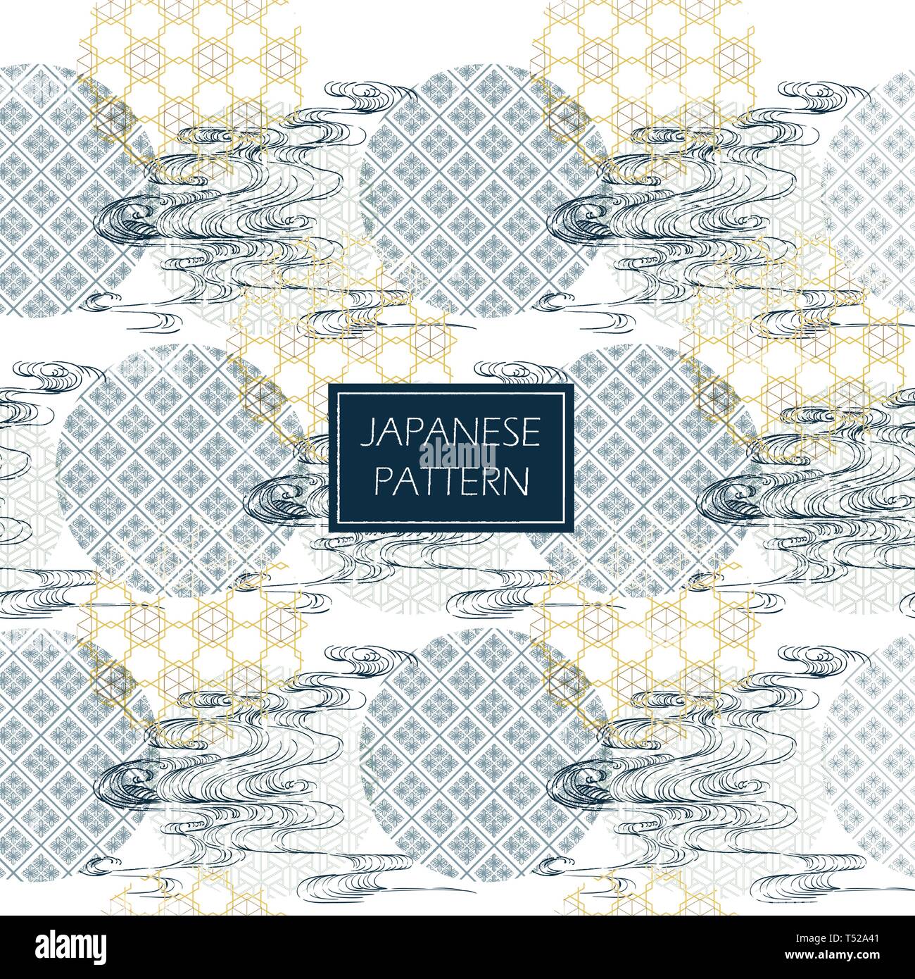 Asian hand drawn wave pattern with Japanese pattern vector. Geometric ...