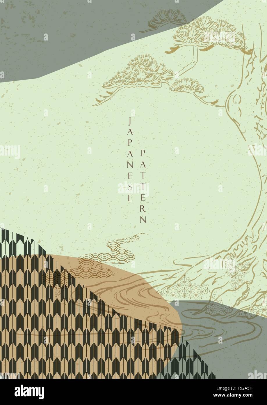 Japanese template vector. Abstract background with hand drawn pine tree ...