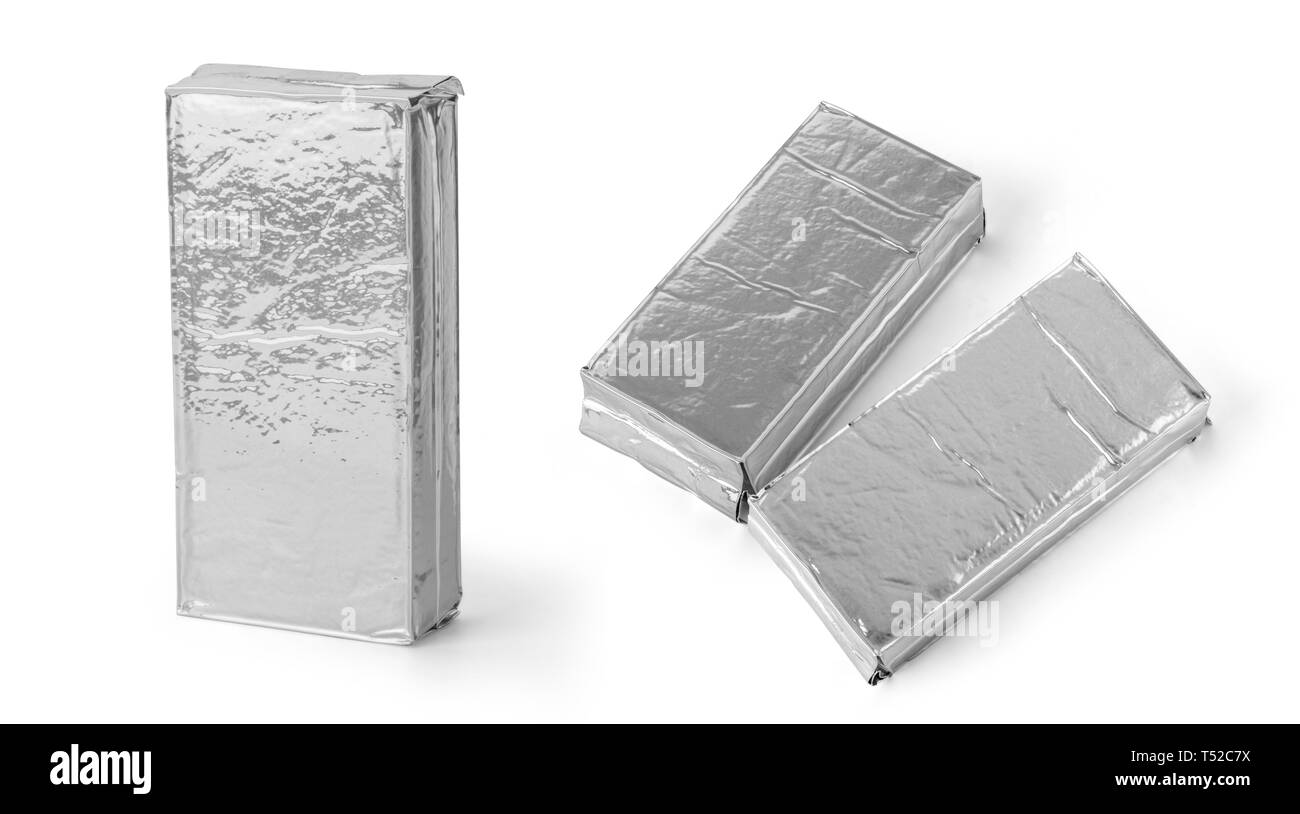 blank silver product packaging on white background Stock Photo - Alamy