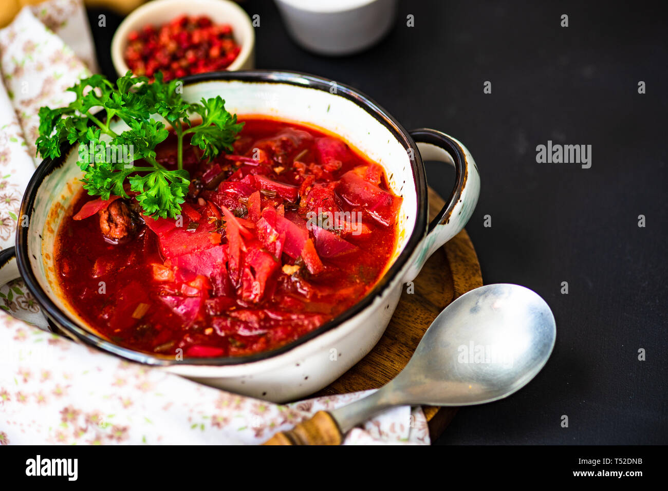 Traditional ukrainian beet soup red borscht on wooden table Stock Photo ...