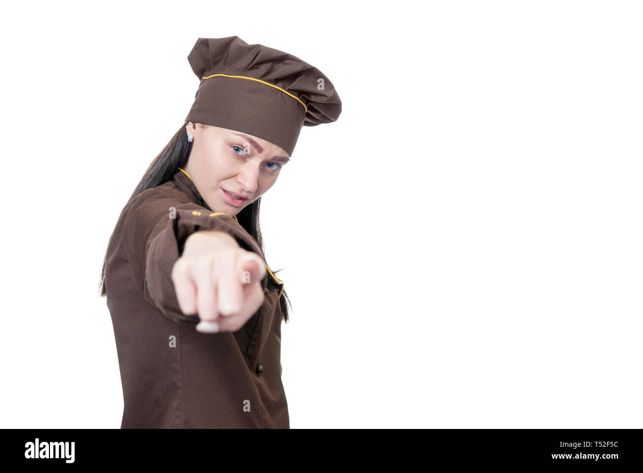 female chef points pointing forefinger forward at the camera isolated ...