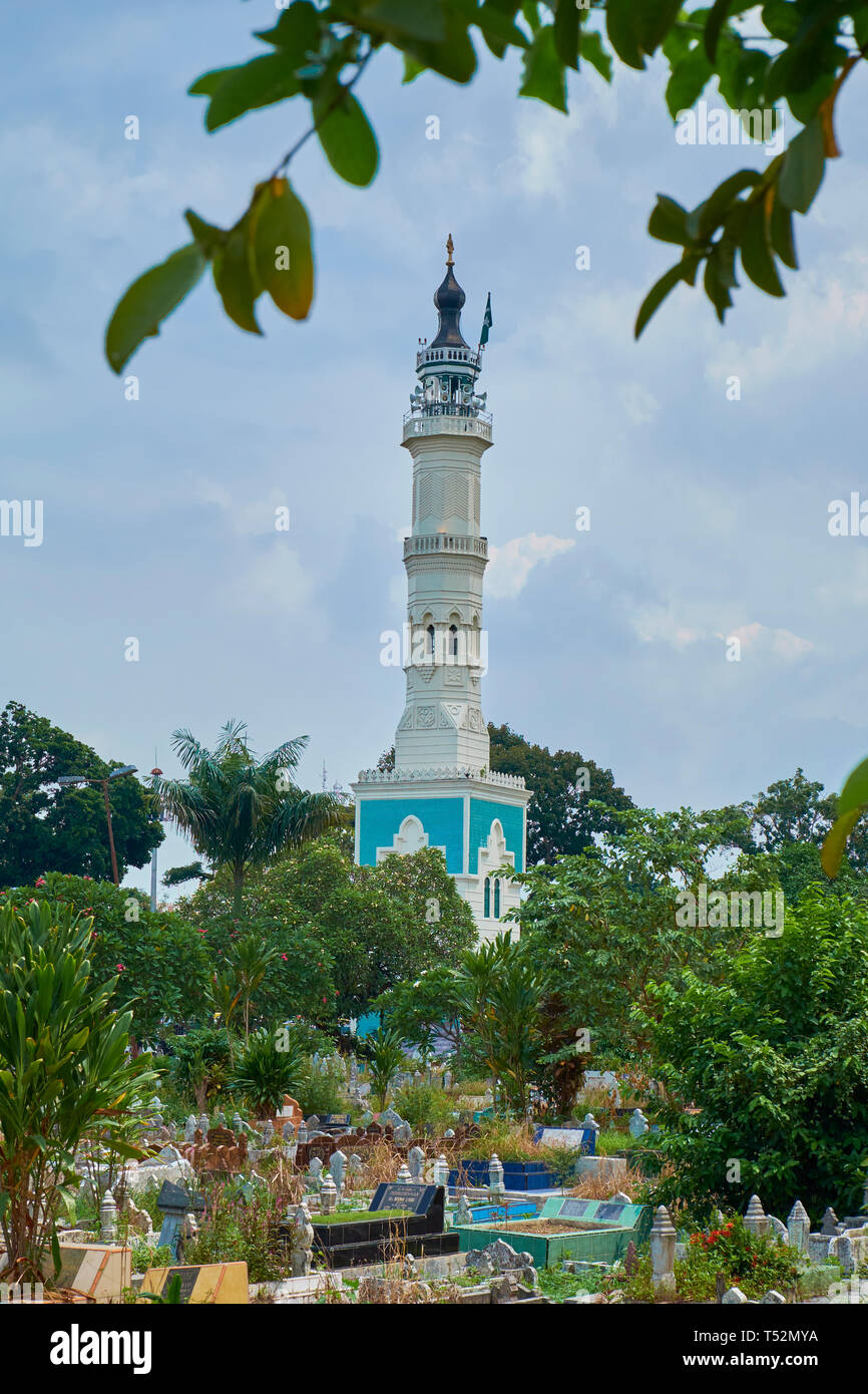 The minaret of the Great Mosque in central Medan, Indonesia Stock Photo ...