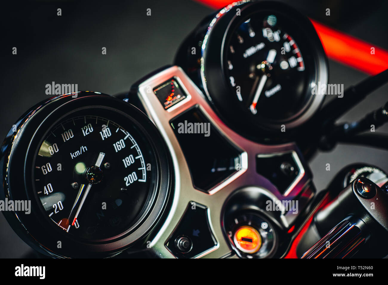 Close up detail shot of dashboard display of speedometer & analog gauge ...