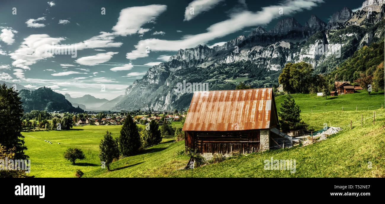 Landscape of the Seez valley showing the Churfirsten, Swiss Alps near ...