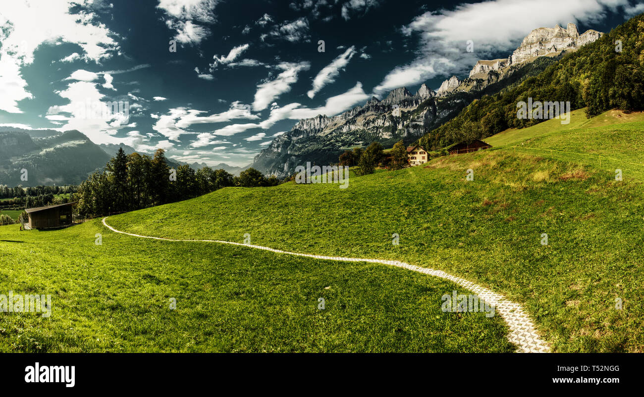 Landscape of the Seez valley showing the Churfirsten, Swiss Alps near ...