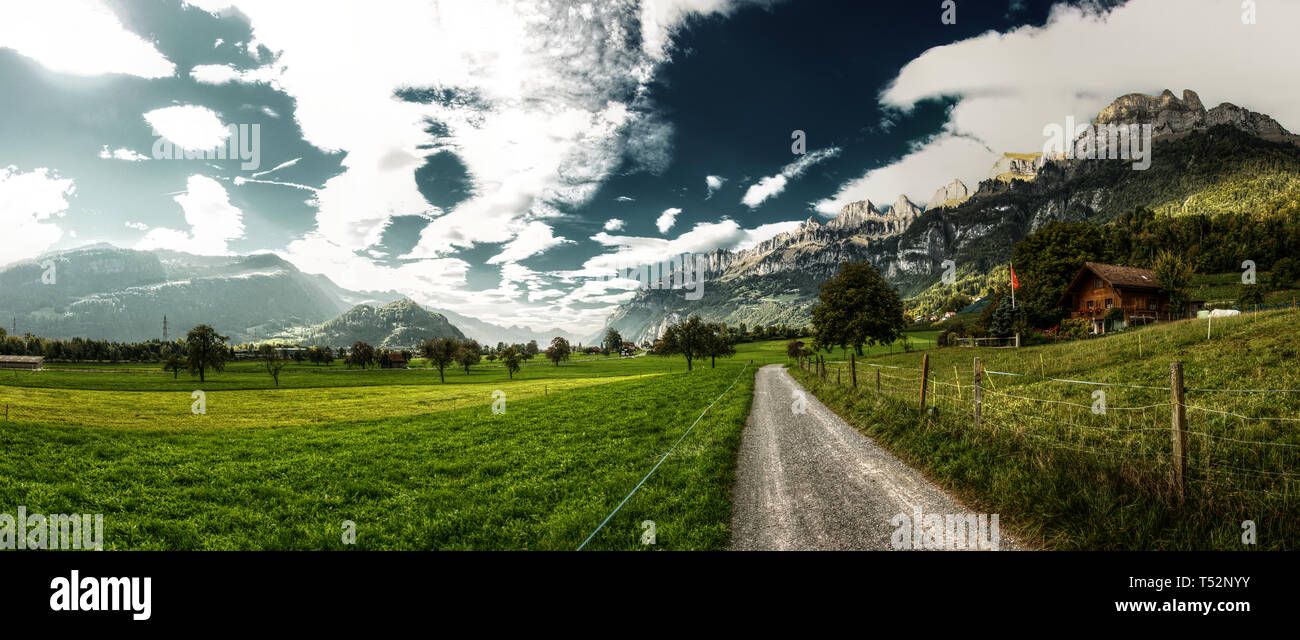Landscape of the Seez valley showing the Churfirsten, Swiss Alps near ...