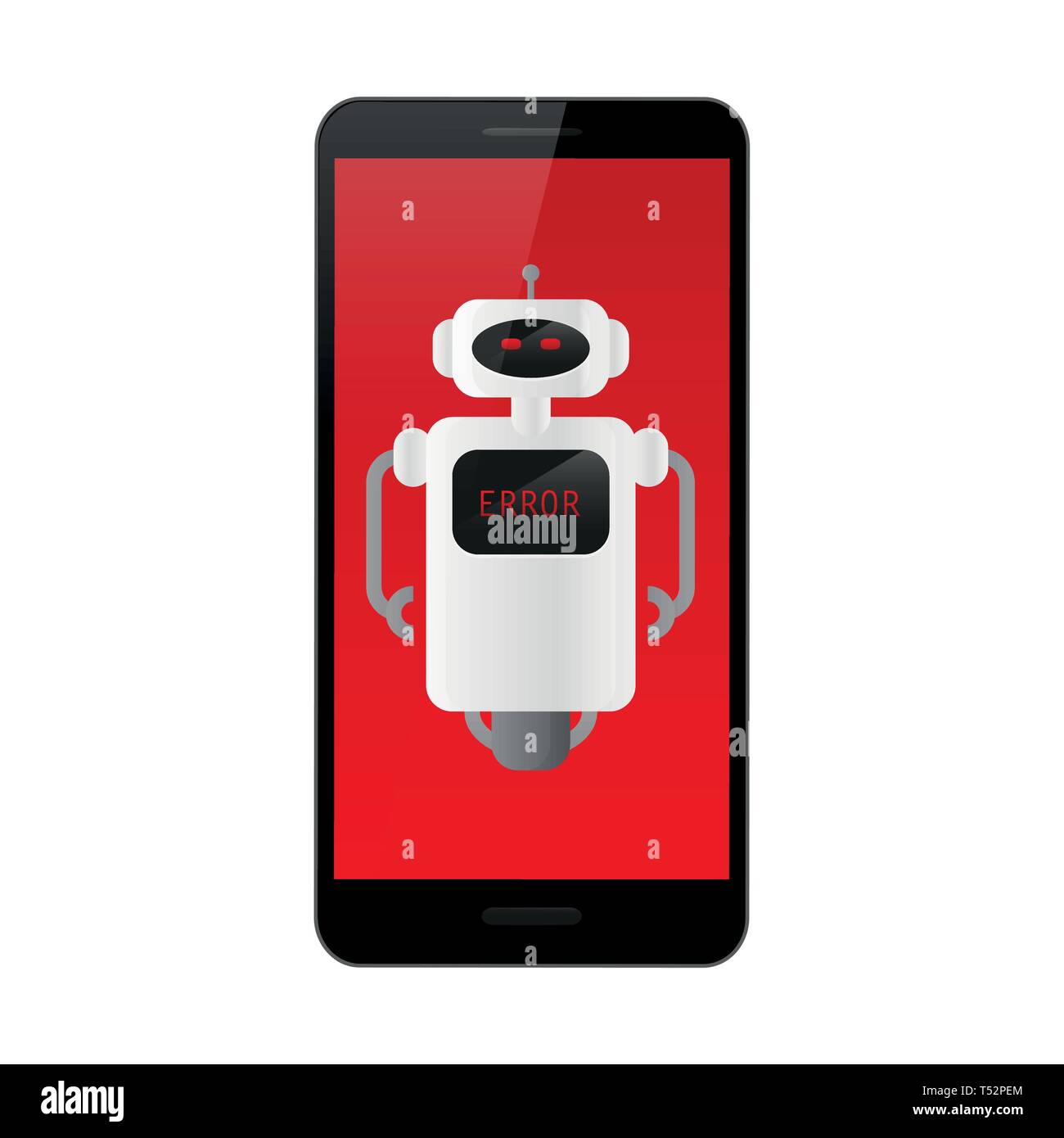 smartphone with red error display and robot isolated on white ...