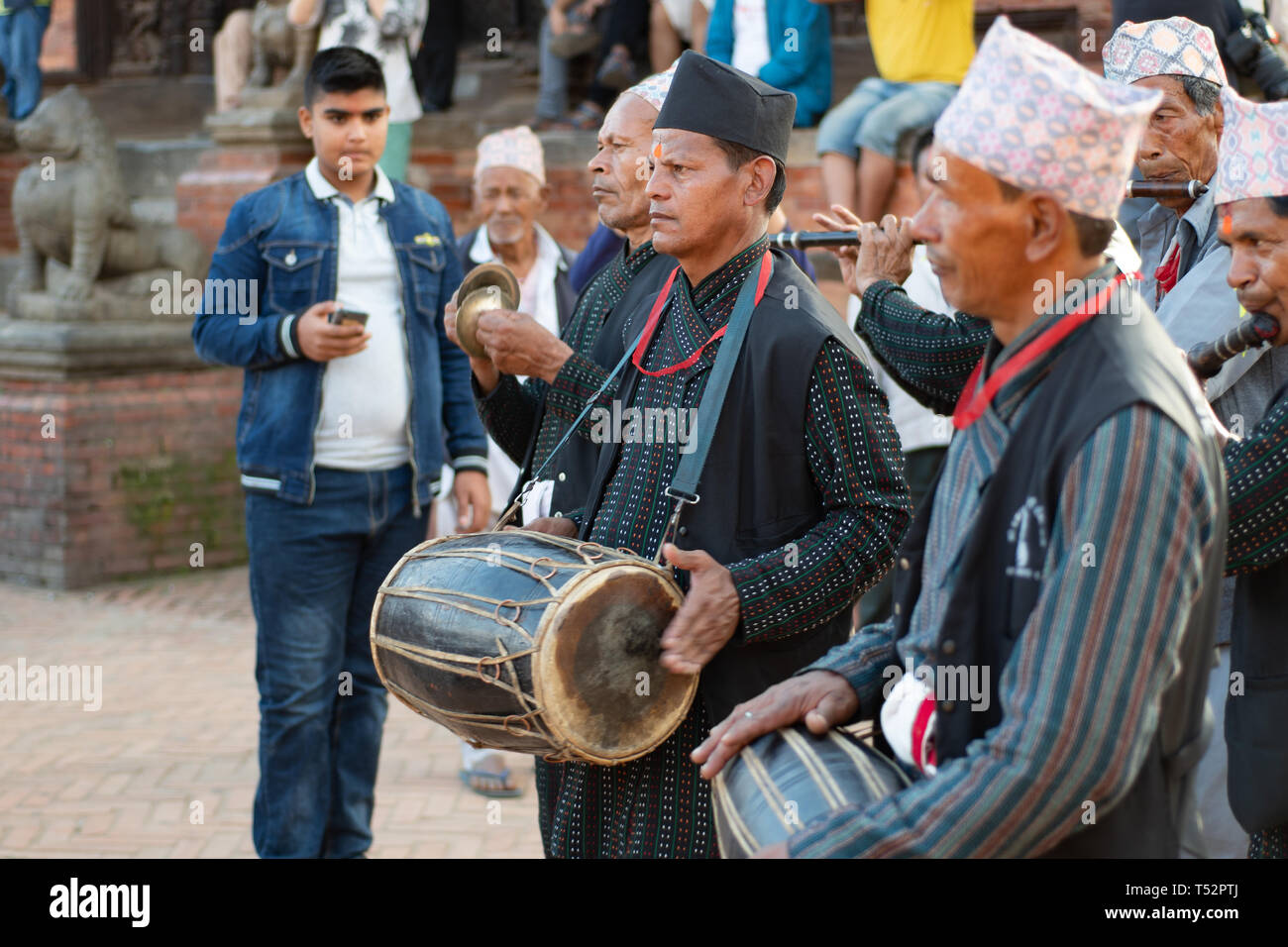Kathmandu, Nepal - October 01, 2017: Locals of Bhaktapur in traditional ...