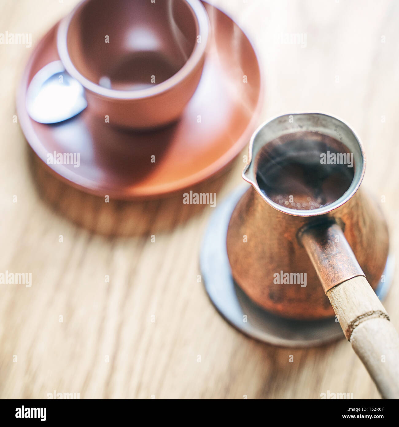 Coffee in oriental Turkish style served in cezve, a small long-handled ...