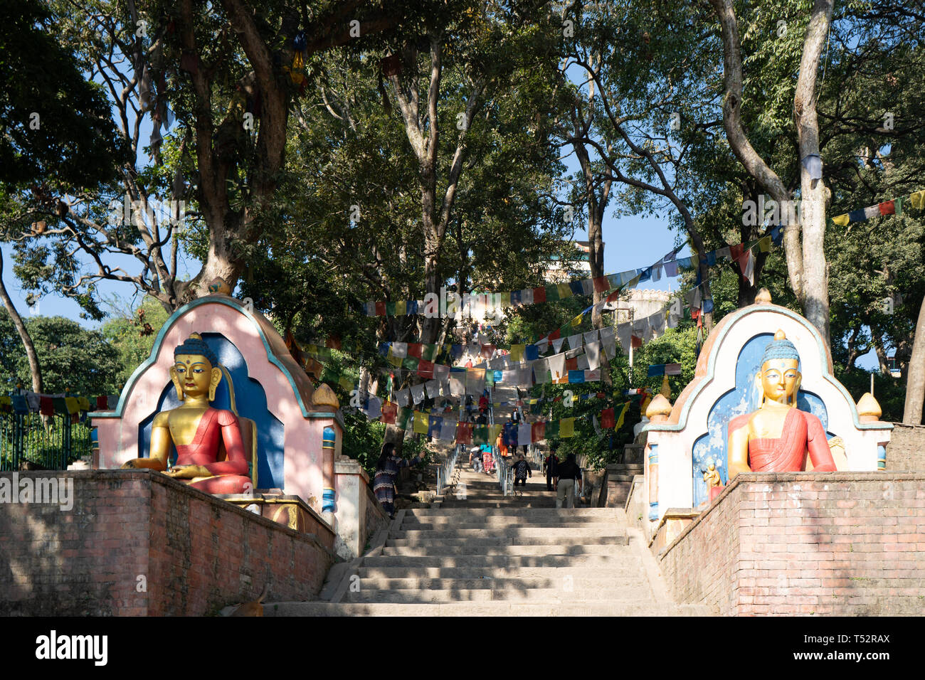 Kathmandu, Nepal - November 11, 2017: Stairway entrance to Swoyambunath ...