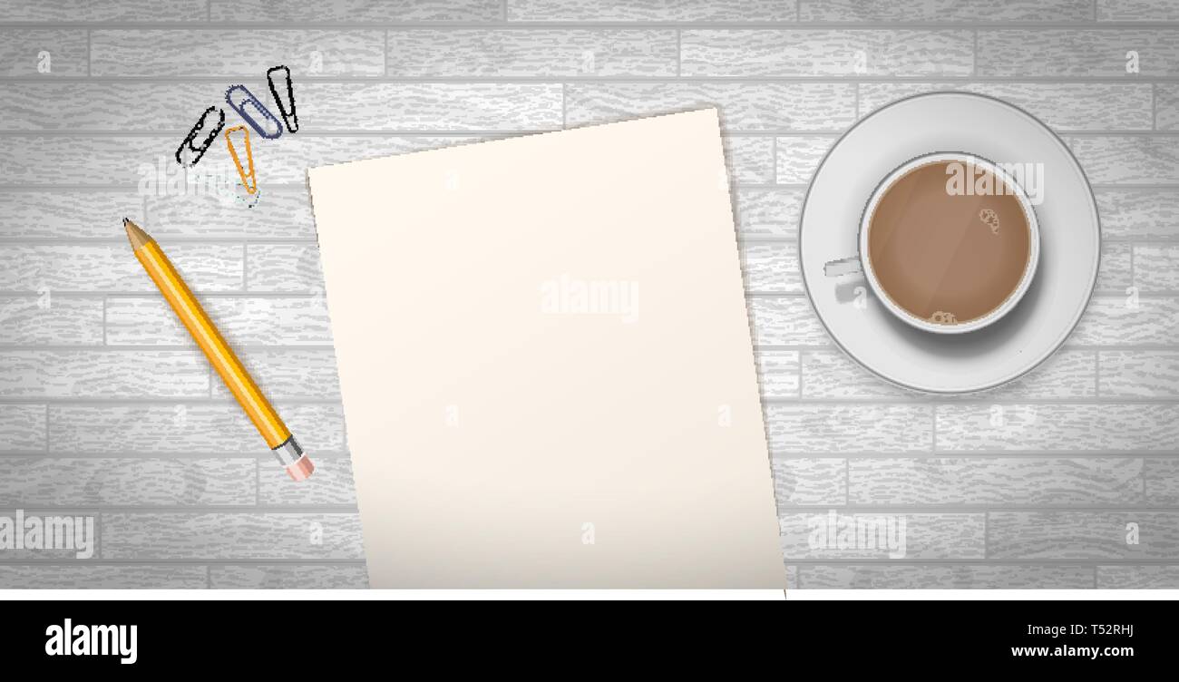 Wooden work table with cup of coffee and empty document template Stock ...