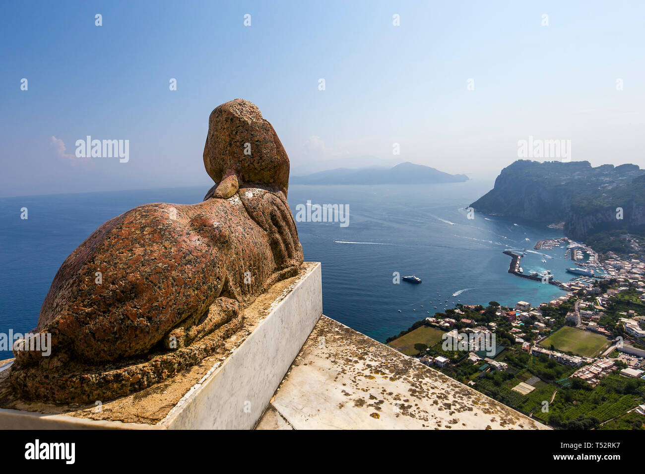 panorama from Sphinx statue over Capri island, Capri, Italy Stock Photo ...