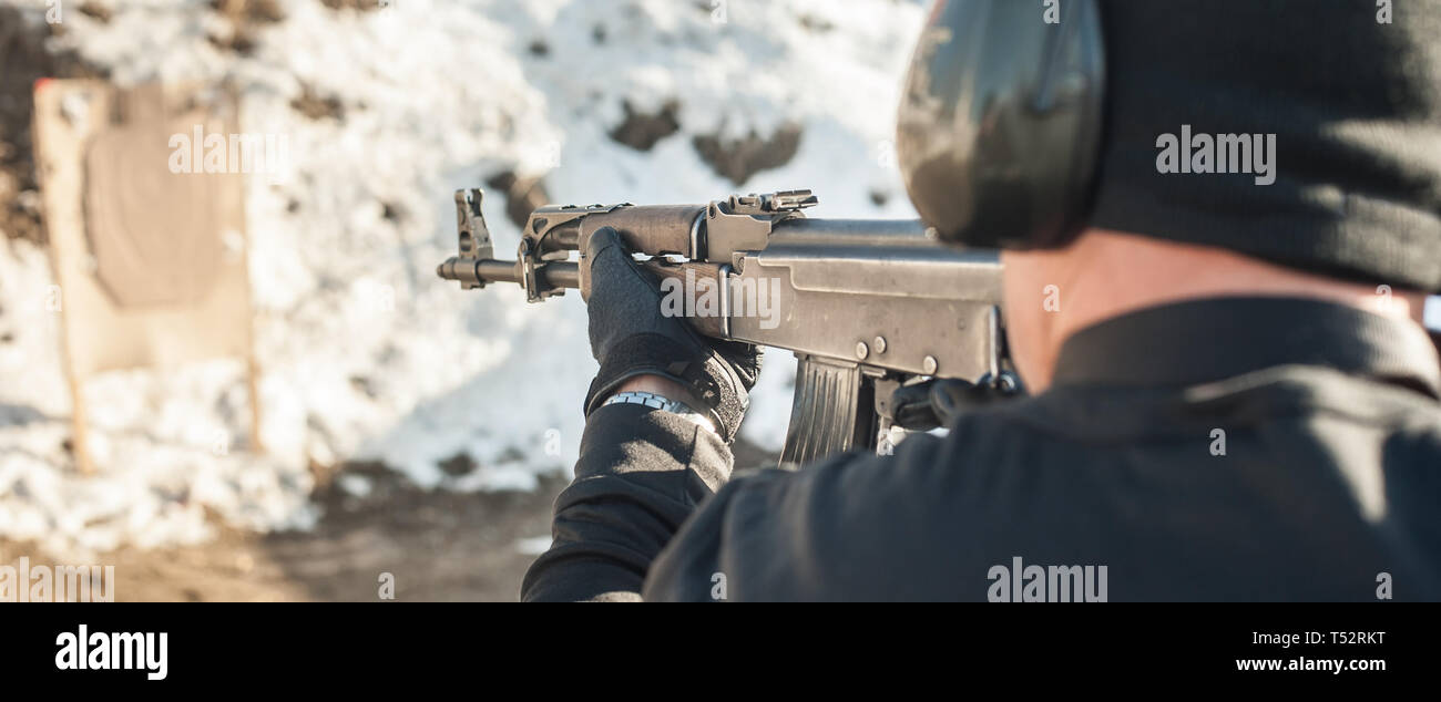Civilian shooting training from rifle machine gun on outdoor shooting ...
