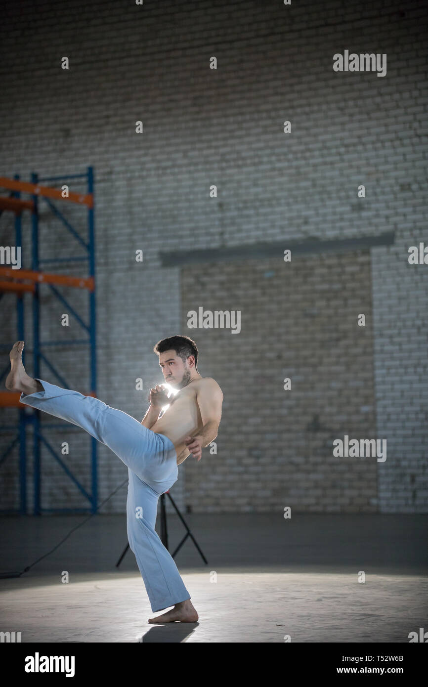 An athletic man on capoeira training. Performs the kick Stock Photo - Alamy