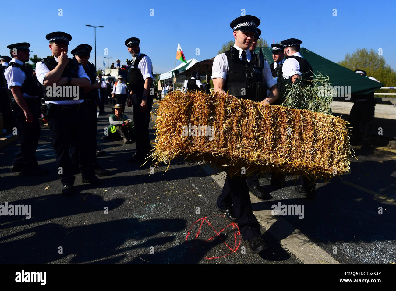 Police remove bales of hay from the Extinction Rebellion demonstration ...