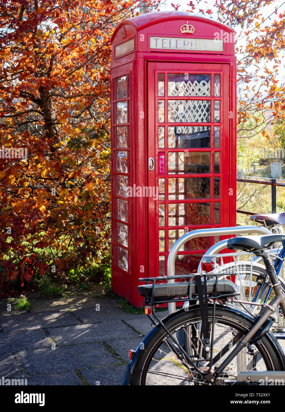 Red Telephone Box and Bicycle Park at Rannoch Railway Staion, Scotland ...