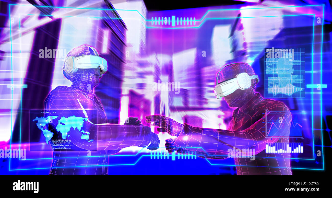 Futuristic first person view in virtual reality city is watching two ...