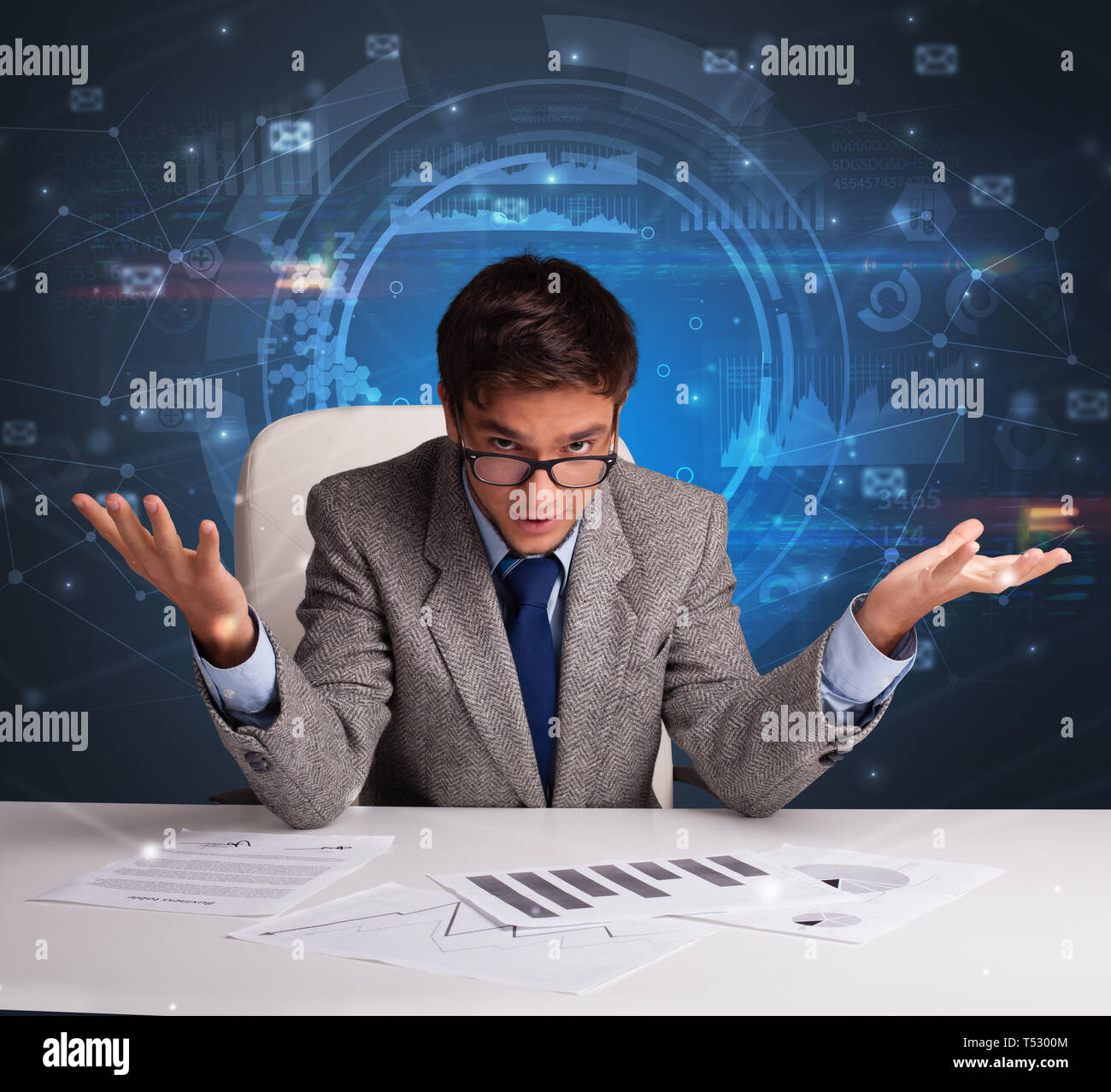 Manager in front of the office desk with connections and teamwork ...