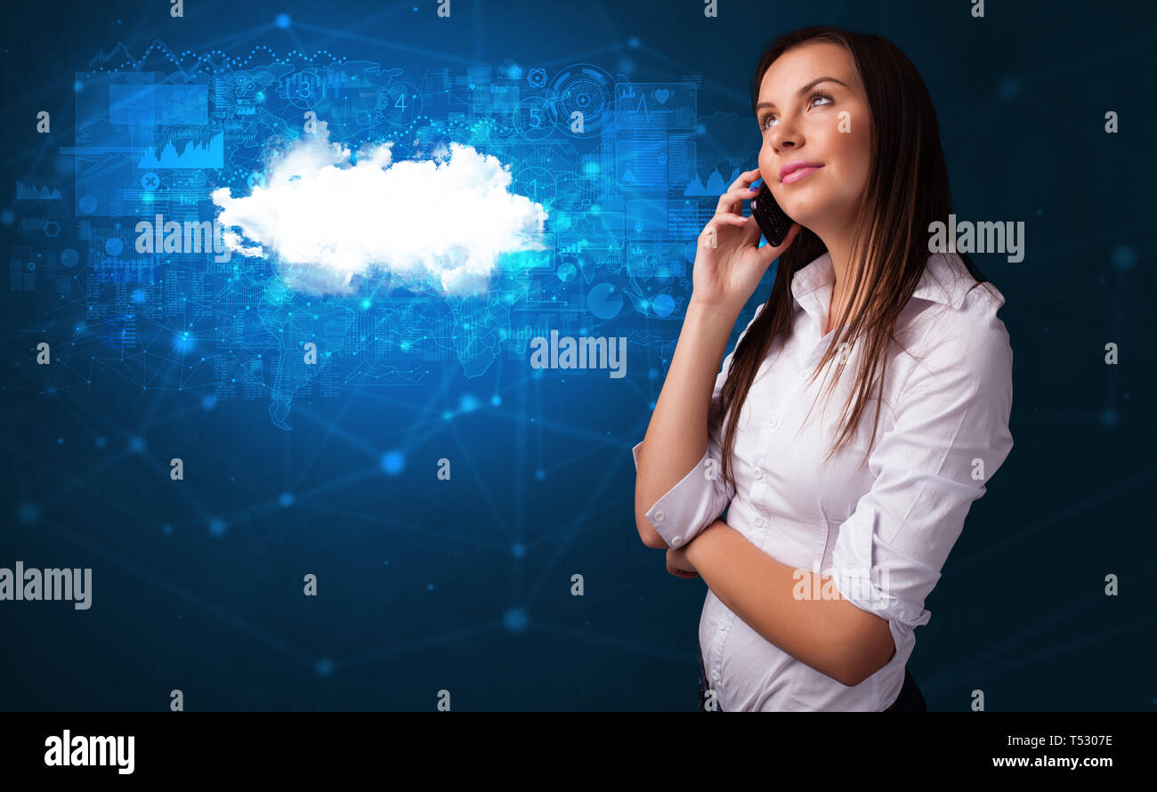 Person talking on the phone with blue cloud technology concept Stock Photo - Alamy