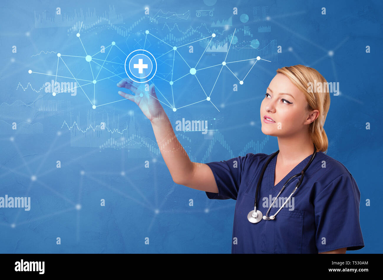 Doctor touching blue screen with virtual hospital concept Stock Photo ...