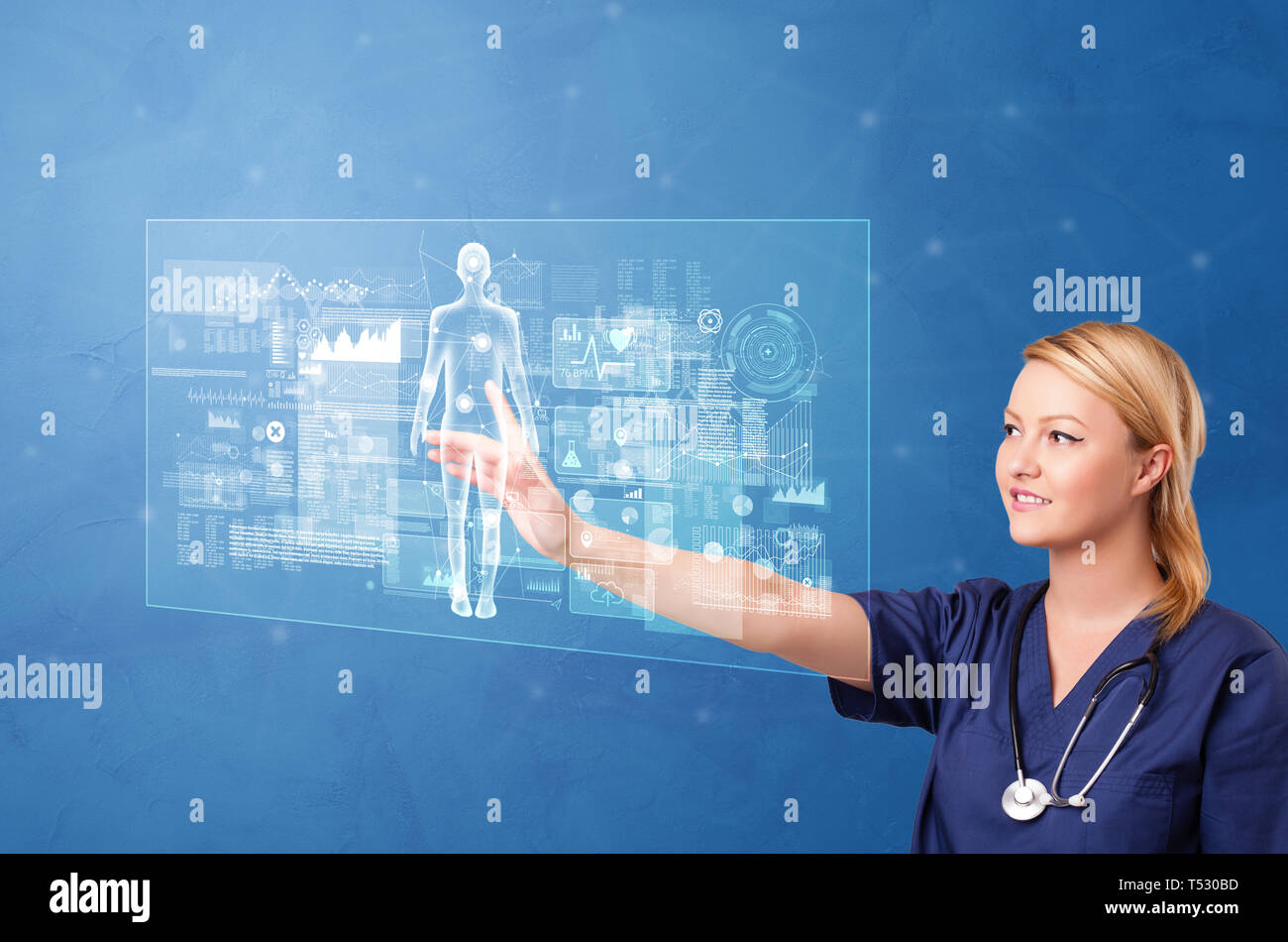 Doctor touching blue screen with full body analyze concept Stock Photo ...
