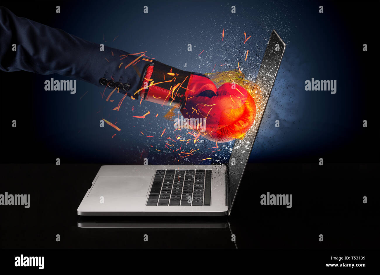 Arm hitting strongly laptop screen which breaks in little pieces Stock ...