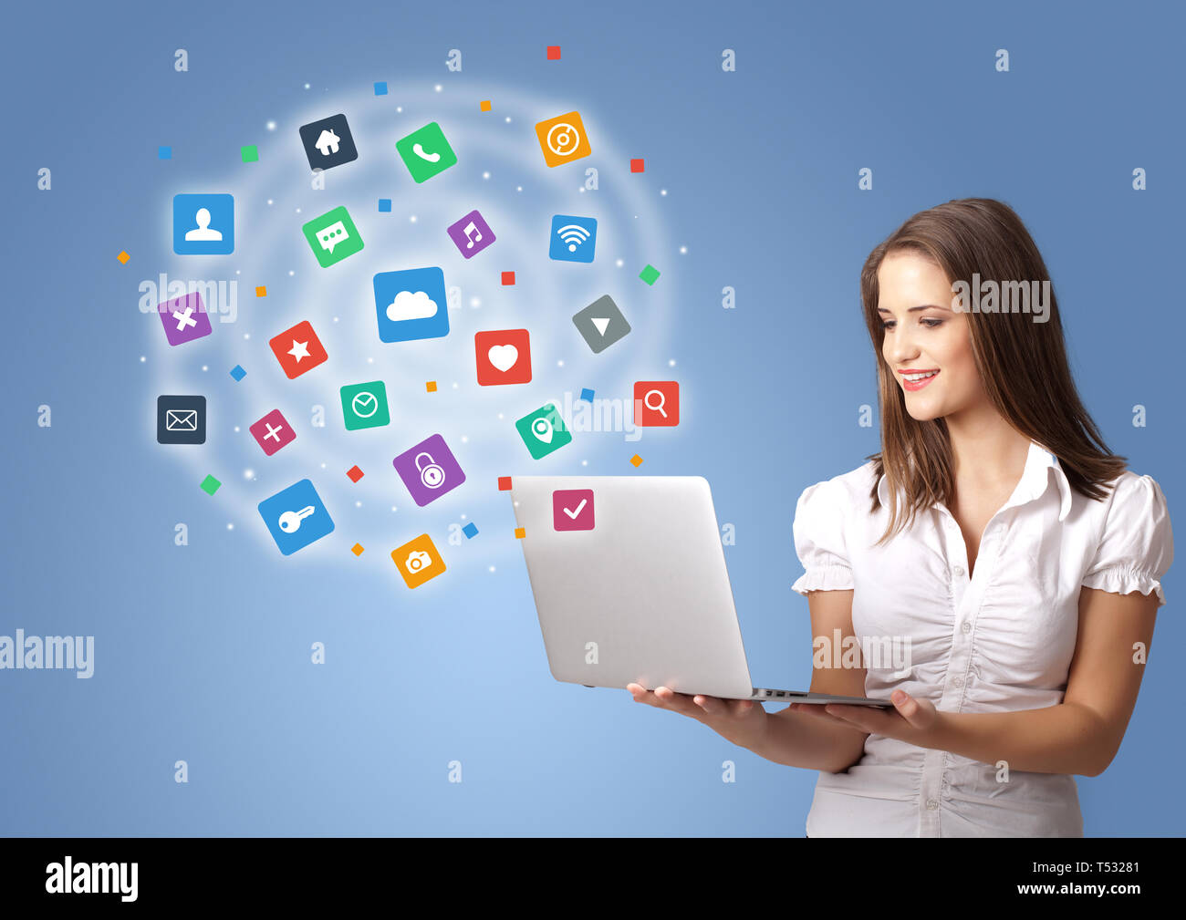 Young person presenting new application icons and symbols Stock Photo ...
