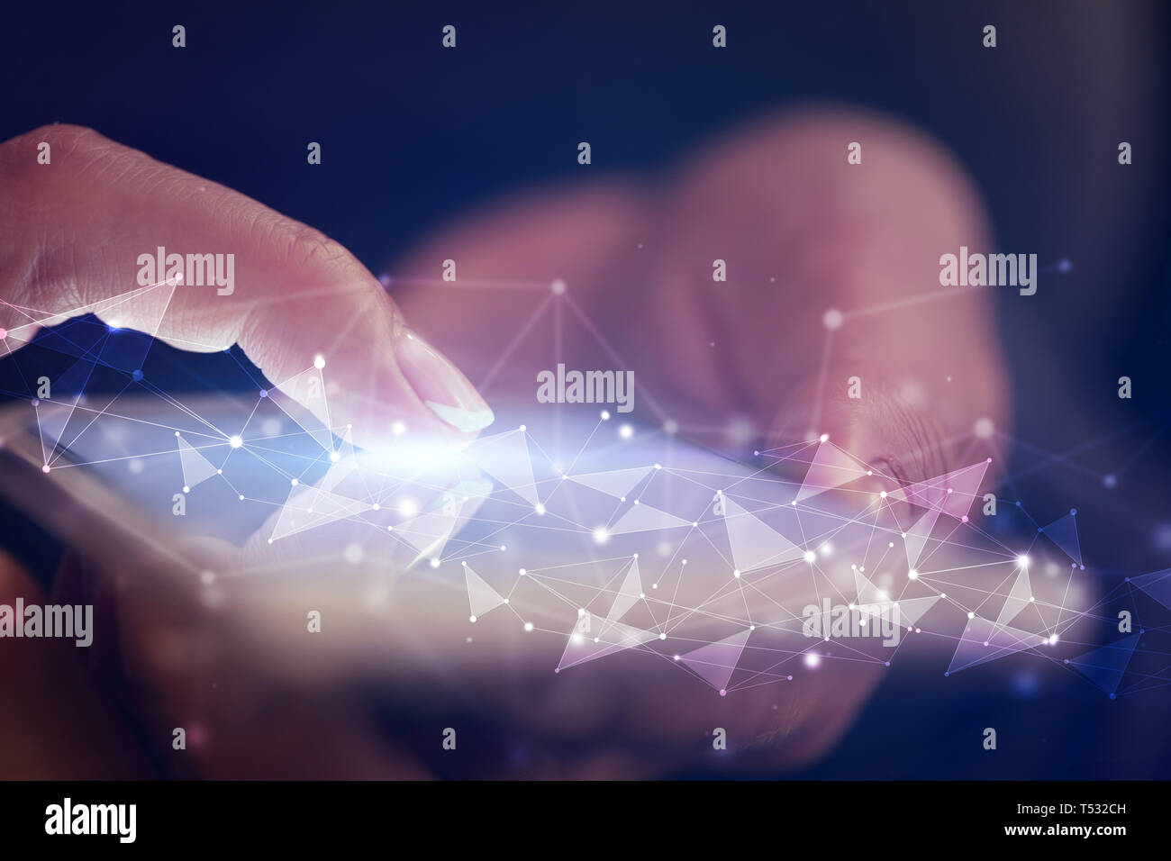 Finger touching phone with human network concept and dark background ...