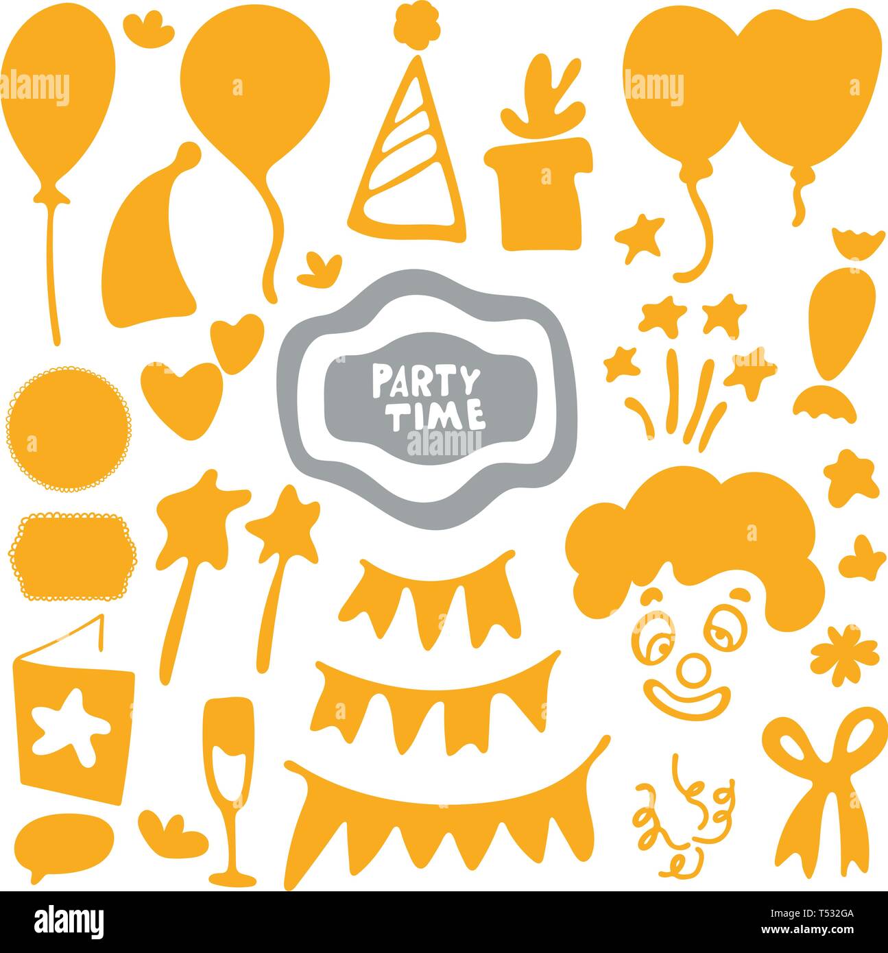 Party time celebration icons, mono vector symbols, doodle style Stock ...