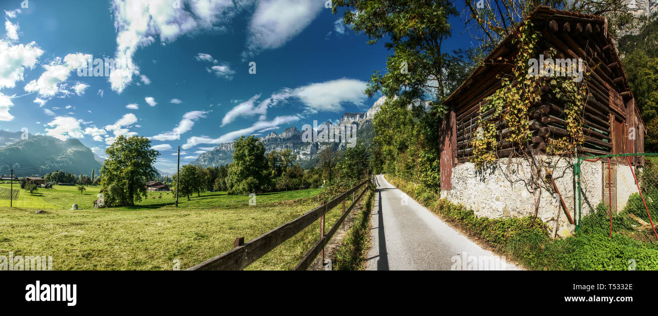 Landscape of the Seez valley showing the Churfirsten, Swiss Alps near ...