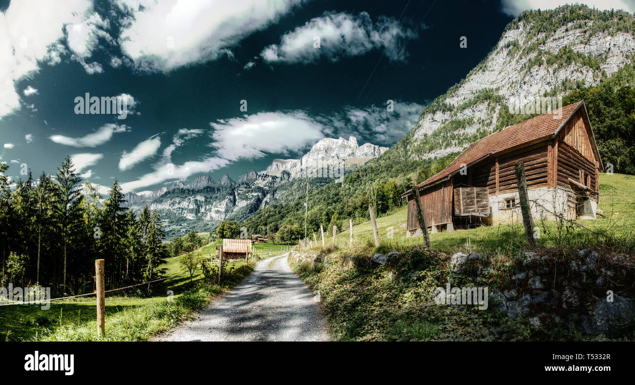 Landscape of the Seez valley showing the Churfirsten, Swiss Alps near ...