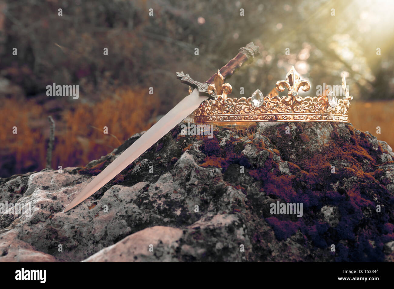 mysterious and magical photo of gold king crown and sword in the ...