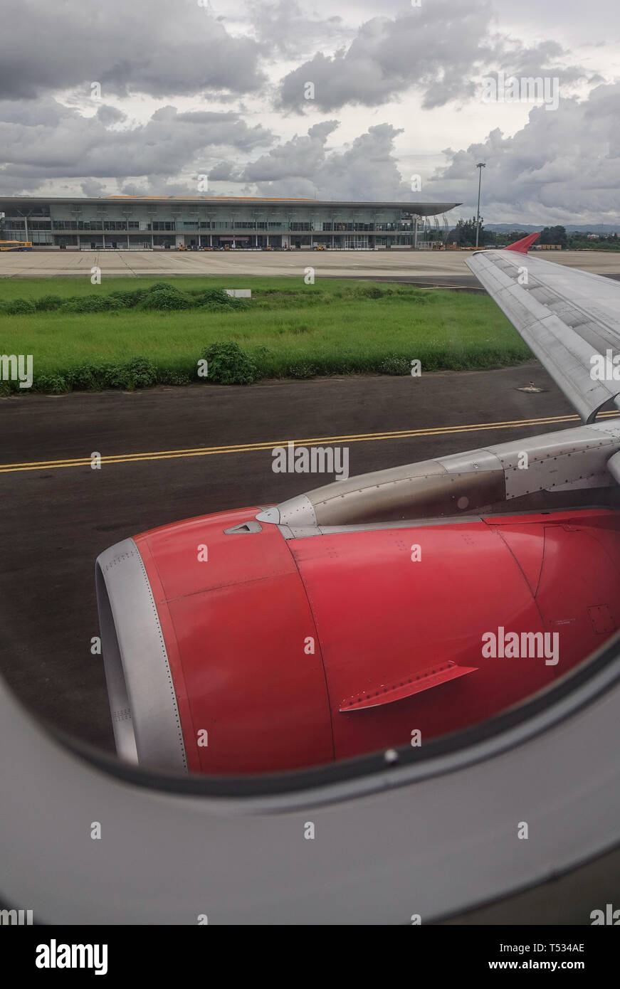 Turbojet engine of the passenger airplane, view from the window of ...