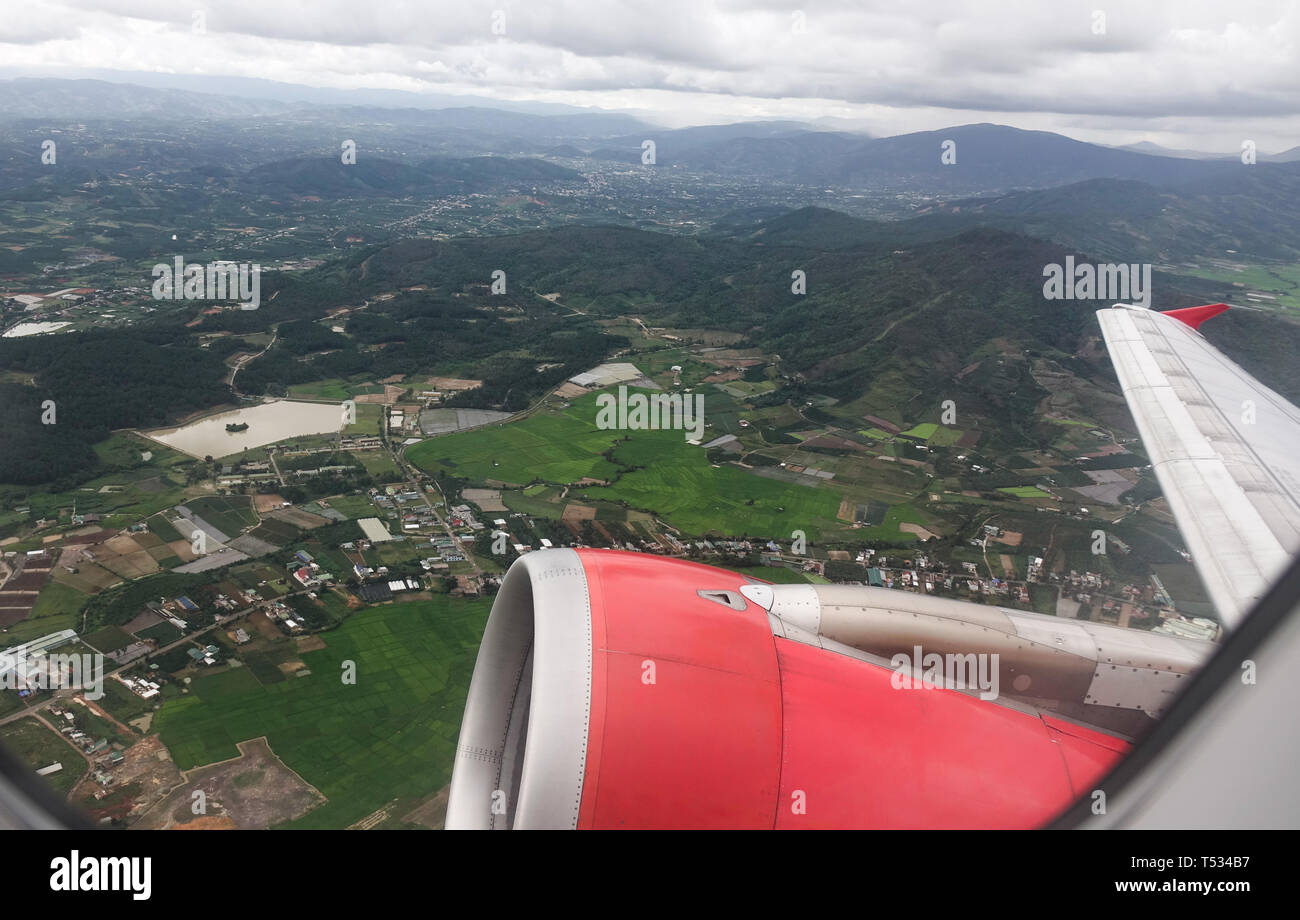 Turbojet engine of the passenger airplane, view from the window of ...