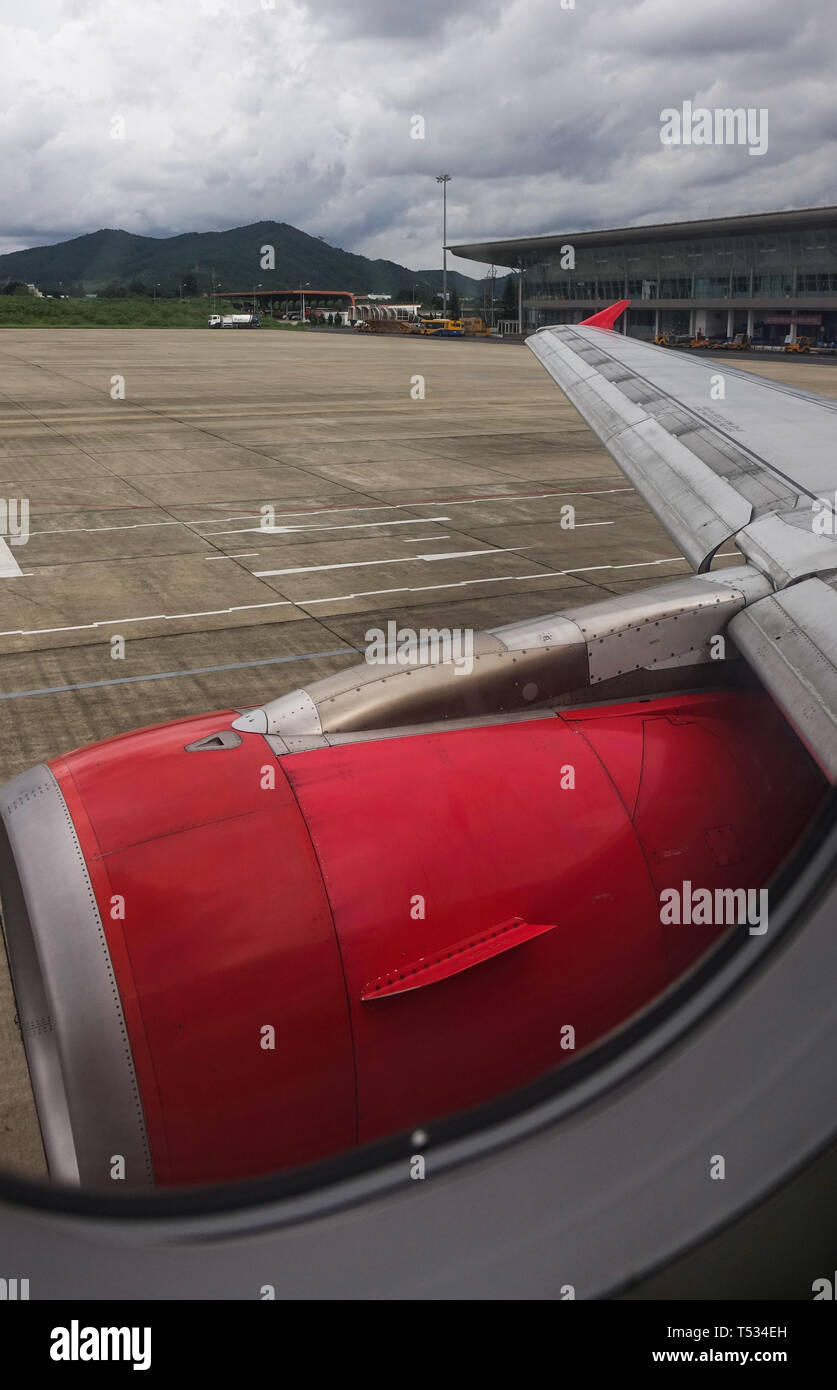 Turbojet engine of the passenger airplane, view from the window of ...