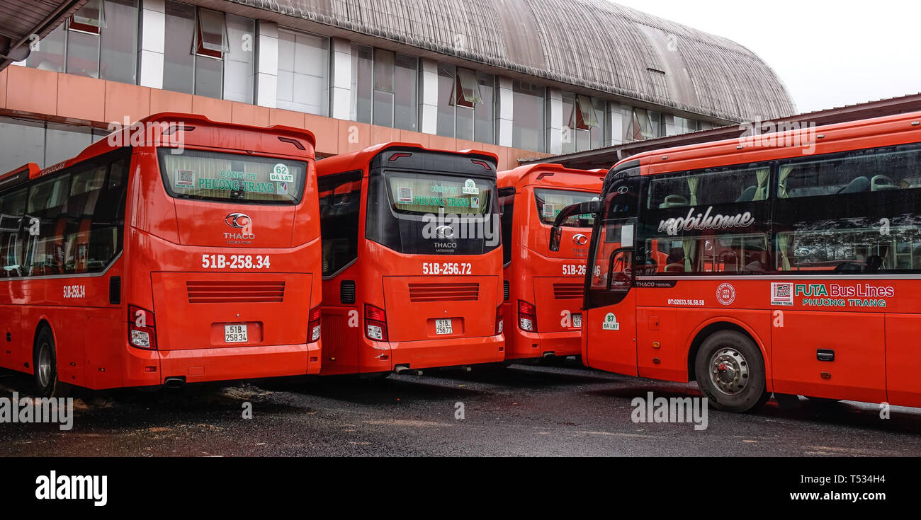 Dalat, Vietnam - Oct 28, 2015. Group of Phuong Trang buses wait to new ...
