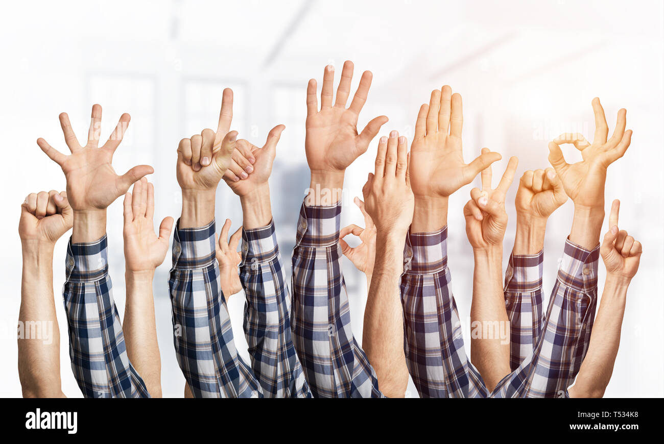 Row of man hands showing various gestures Stock Photo - Alamy