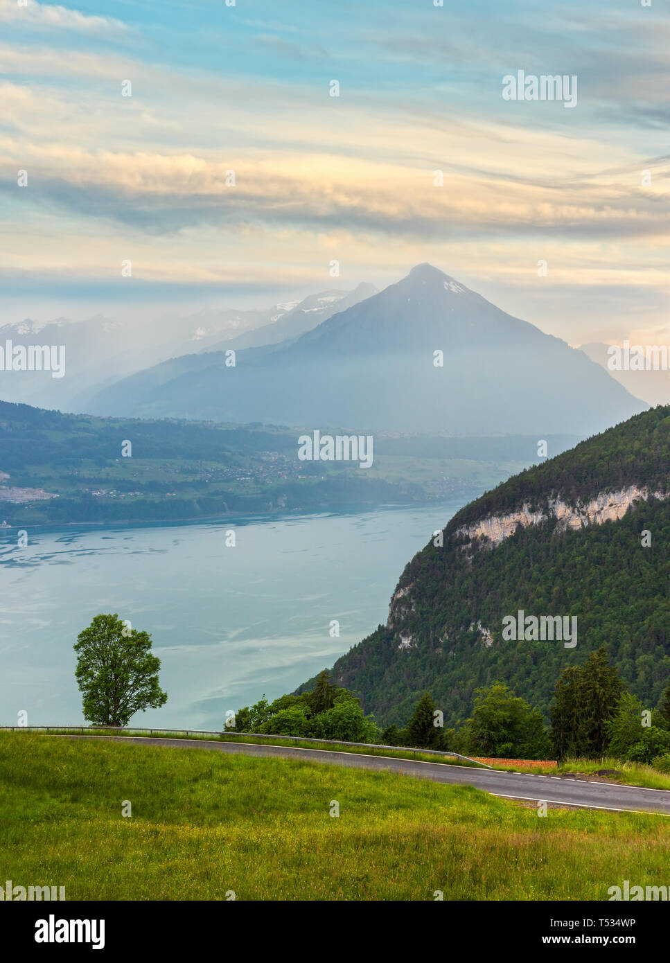 Lake Brienz or Brienzersee evening cloudy summer top view (Berne ...