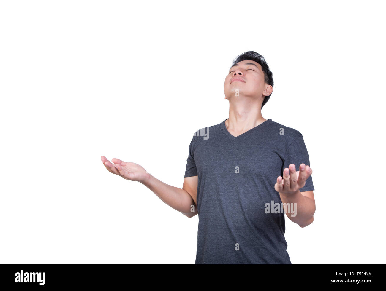 young handsome asian man relax face breathing fresh air hand forward ...