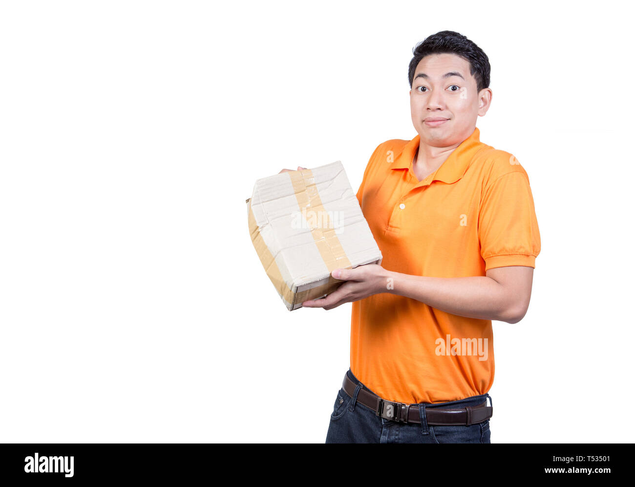 delivery man hand holding damaged box package shocking expression Stock ...