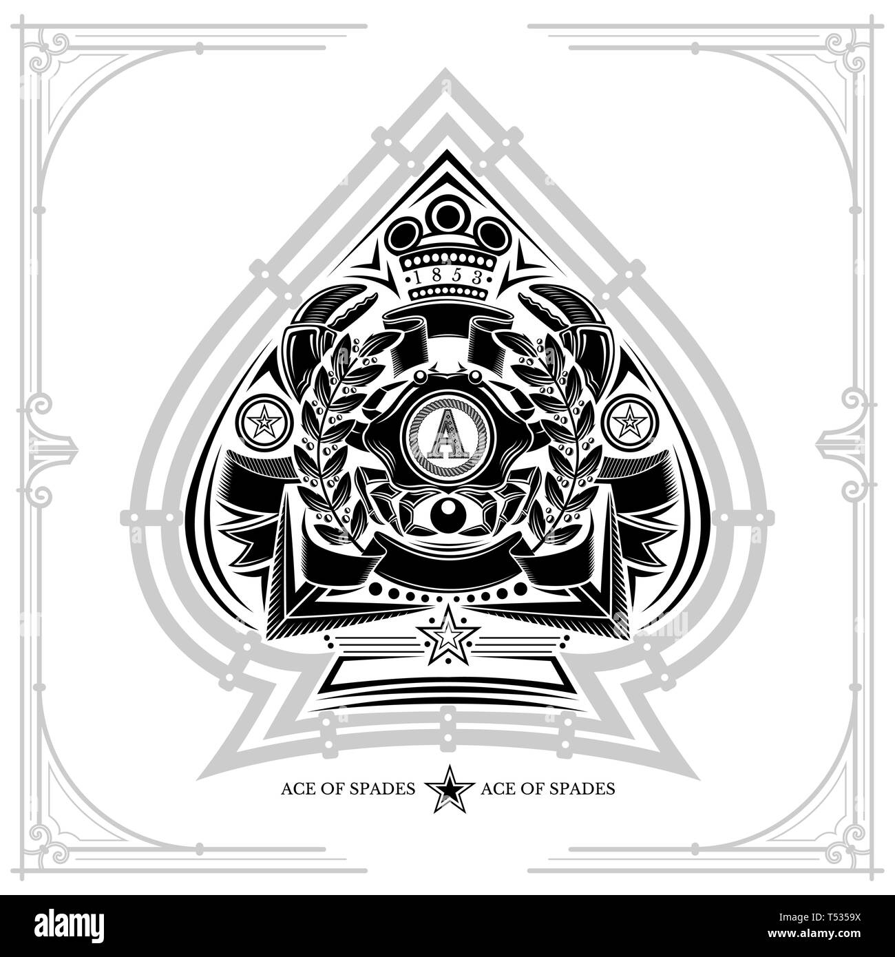Ace of spades form with crab between laurel wreth and crossed harpoon ...