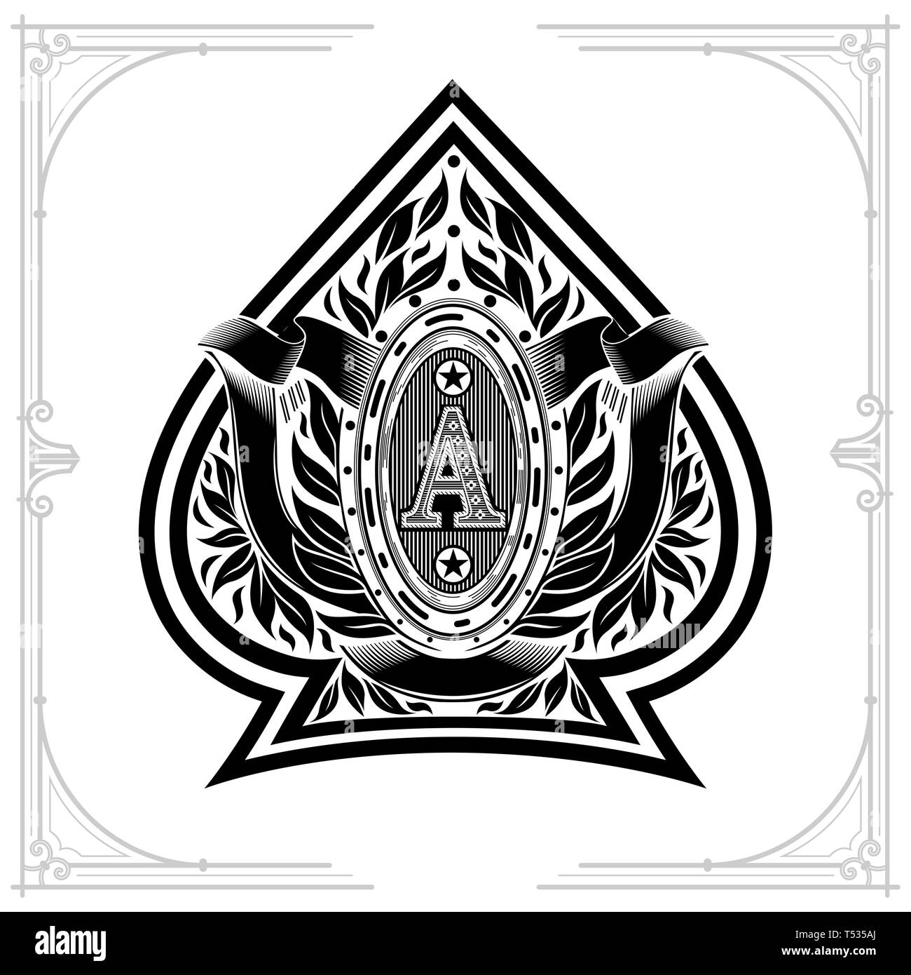 Ace of spades form with oval frame between laurel wreth and ribbon ...