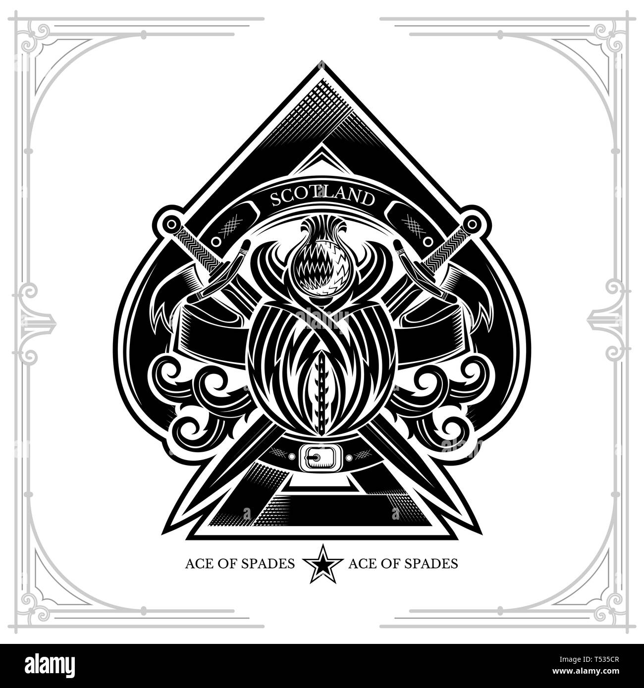 Ace of spades from thistle floral pattern and cross sword inside ...
