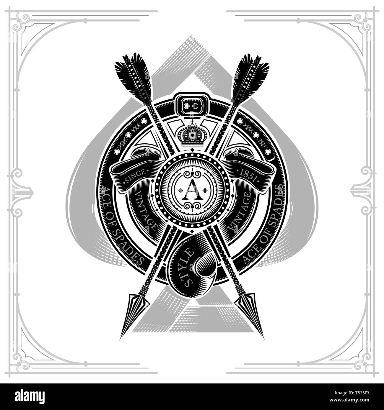 Ace of spades with round shield and cross arrow, ribbons into round ...