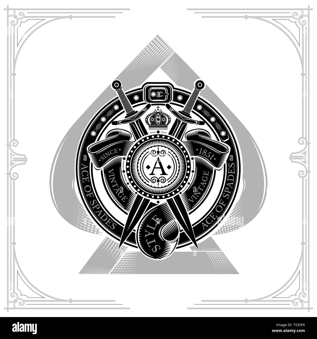 Ace of spades with round shield and cross swords, ribbons into round ...